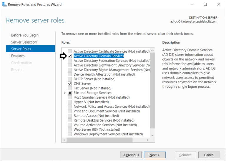 Decommission a Domain Controller | Accept Defaults