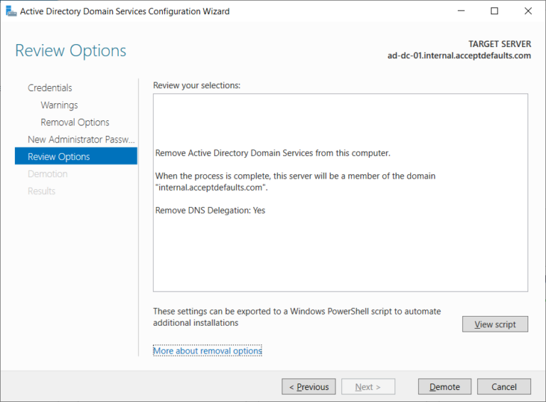 Decommission a Domain Controller | Accept Defaults